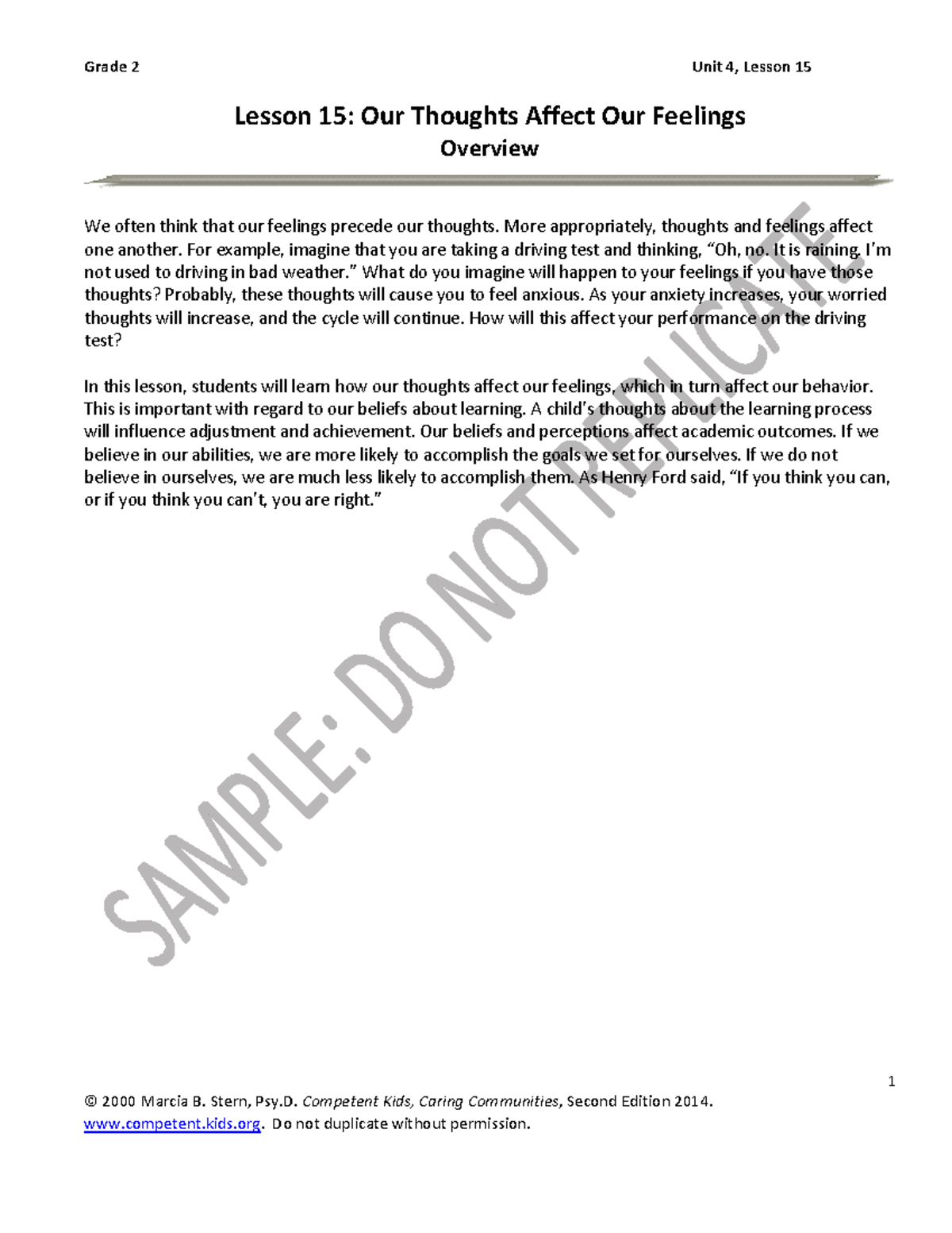 Grade 2 Unit 4, Lesson 15: How Thoughts Influence Feelings and Actions ...