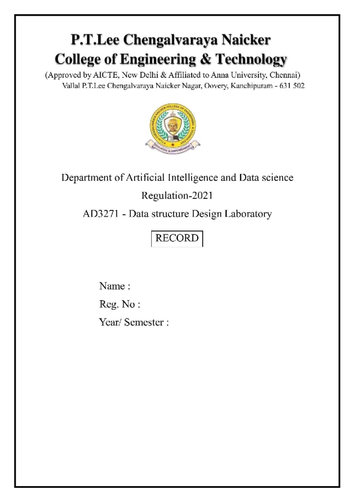 AD3271 Data Structure Design Lab Manual - Python Implementations - Studocu