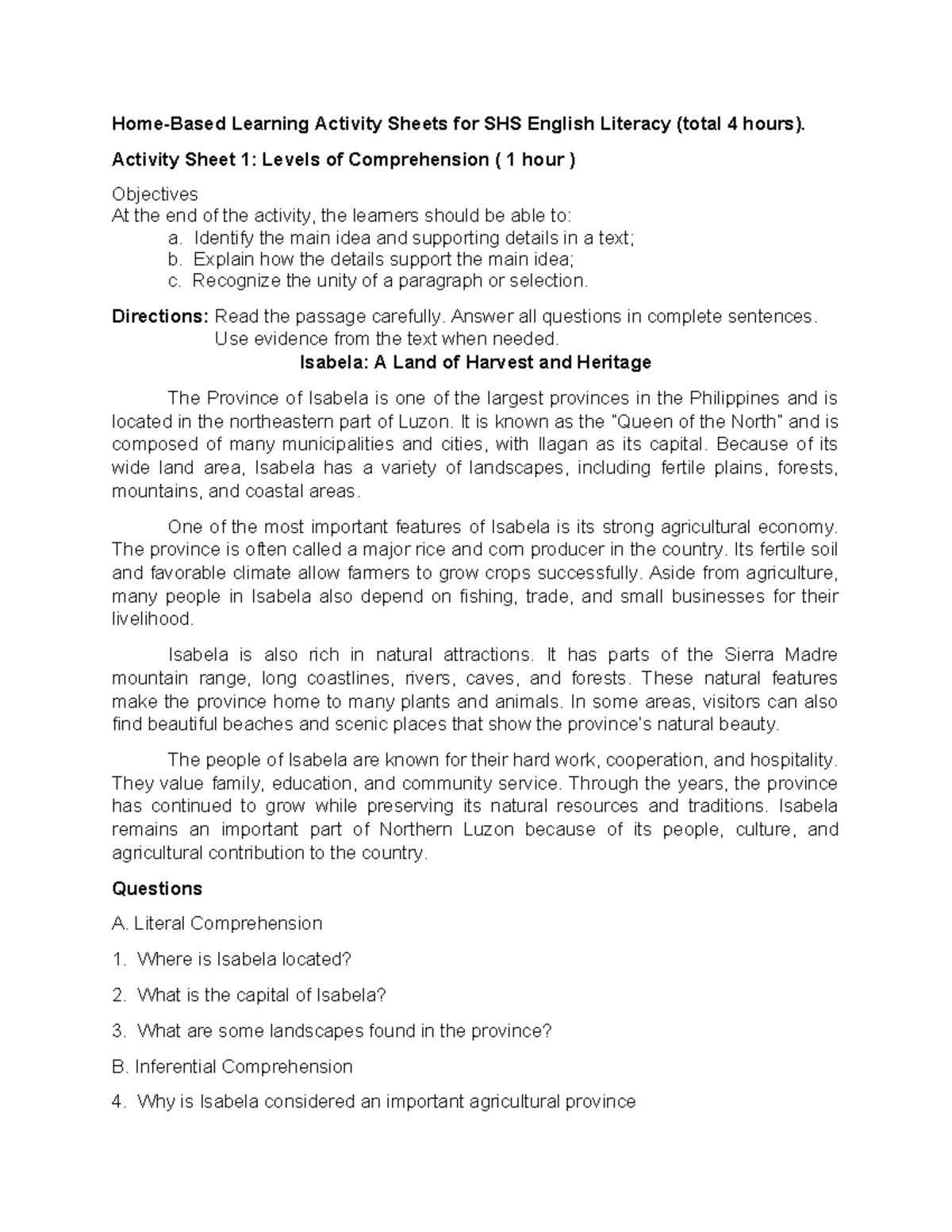 Learning Activity Sheets for SHS English Literacy: Comprehension ...