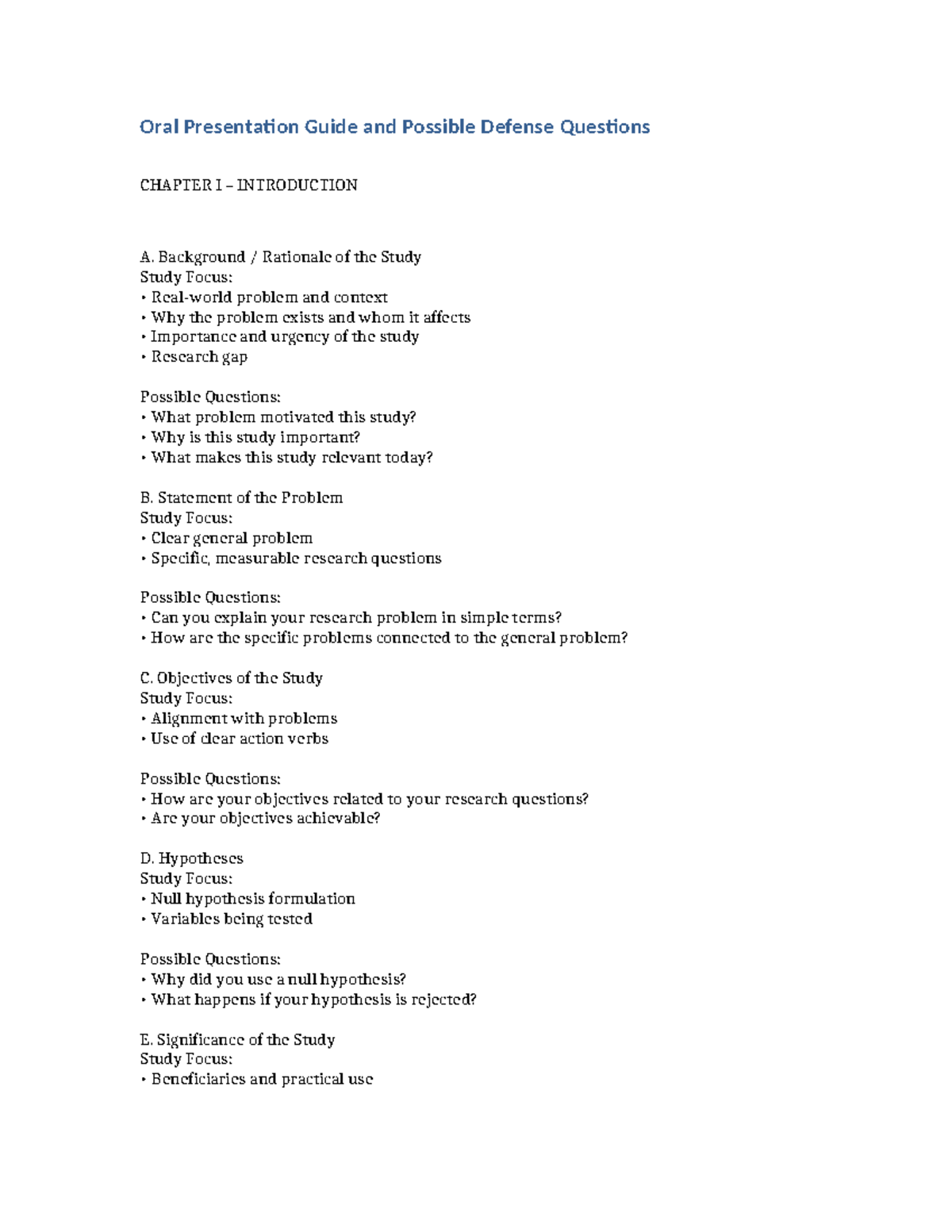 Oral Presentation Guide & Defense Questions for Research Studies - Studocu
