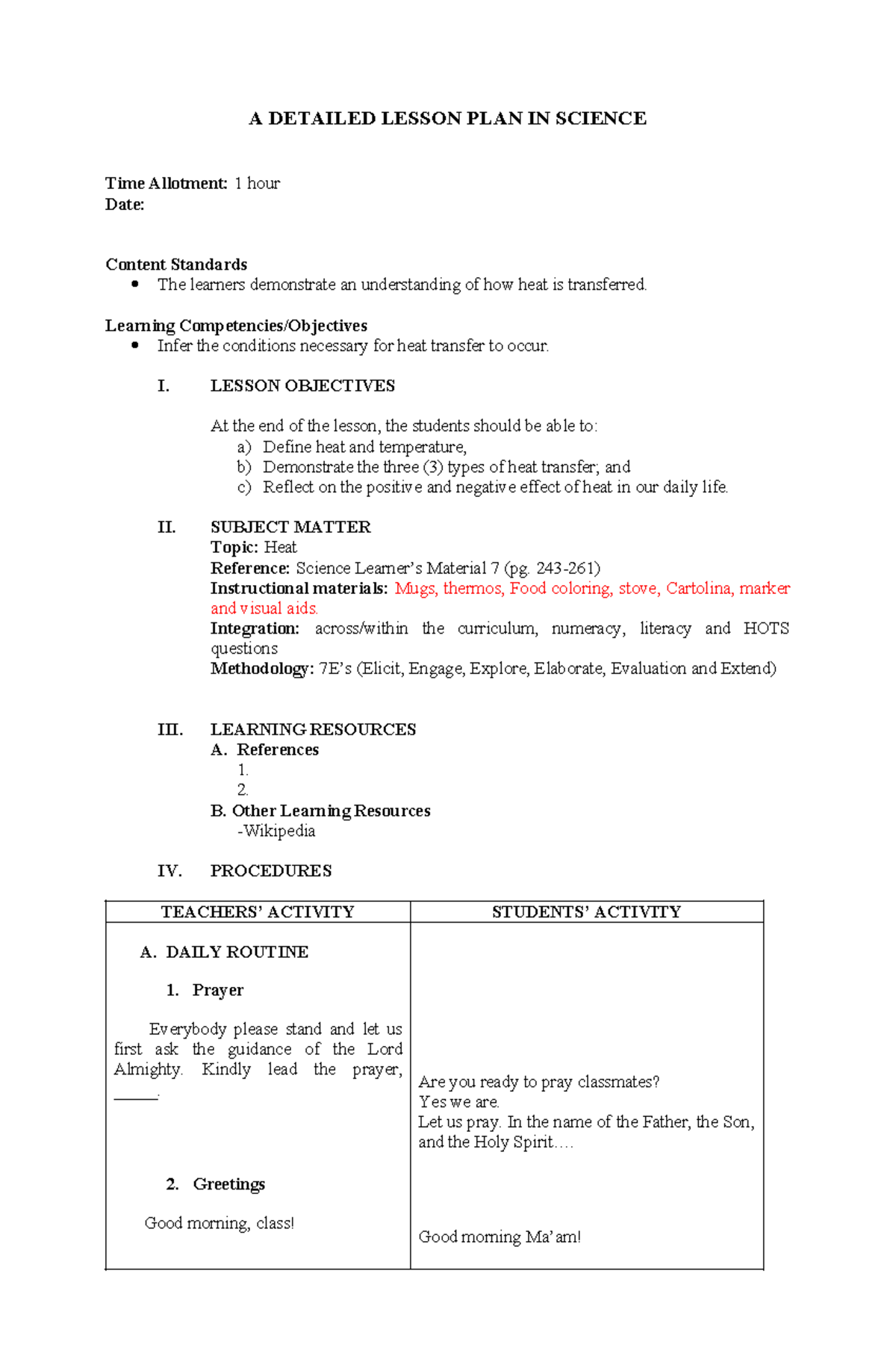 A DETAILED LESSON PLAN IN SCIENCE: HEAT TRANSFER (SCI 7) - Studocu