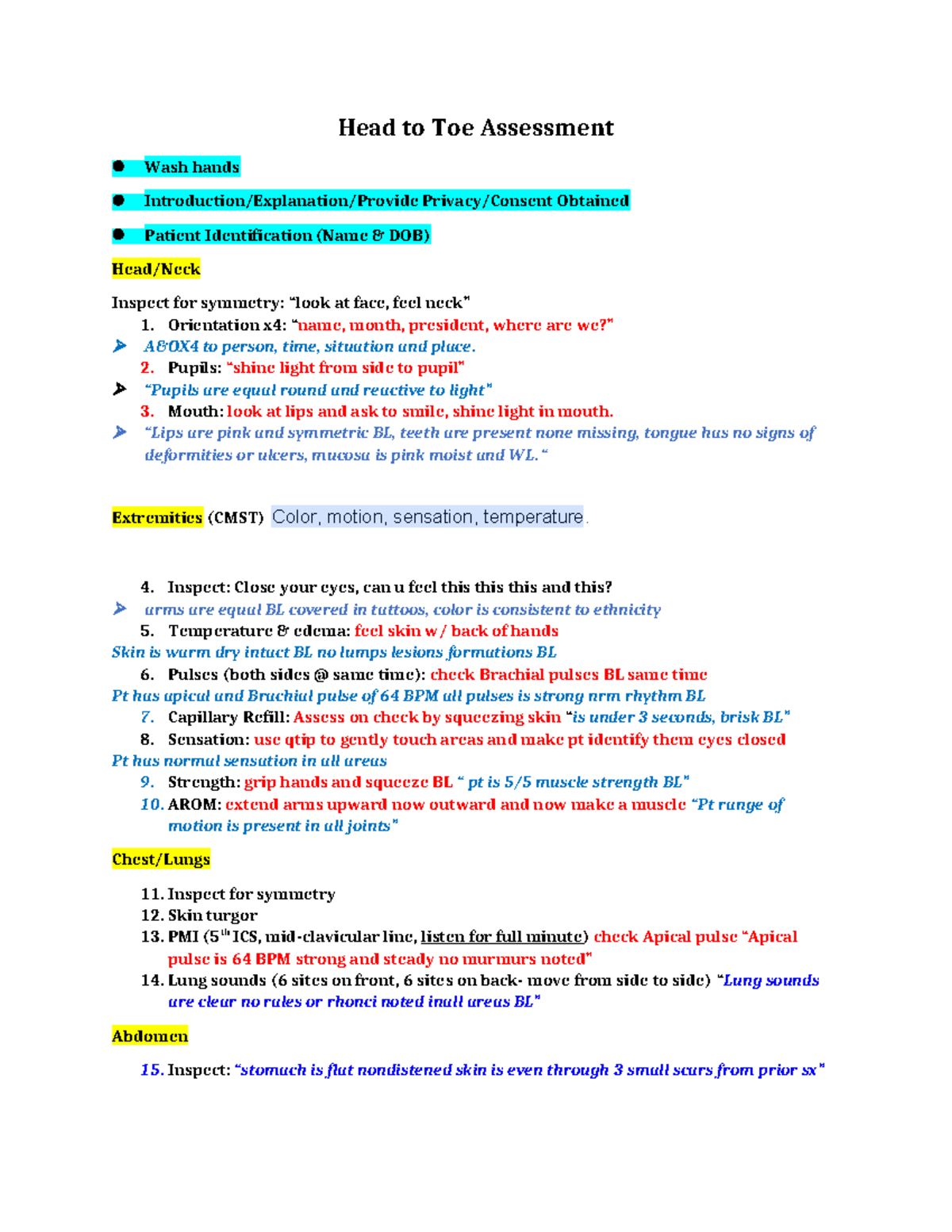 Head to Toe Resource Sheet with instructions and findings - Head to Toe ...