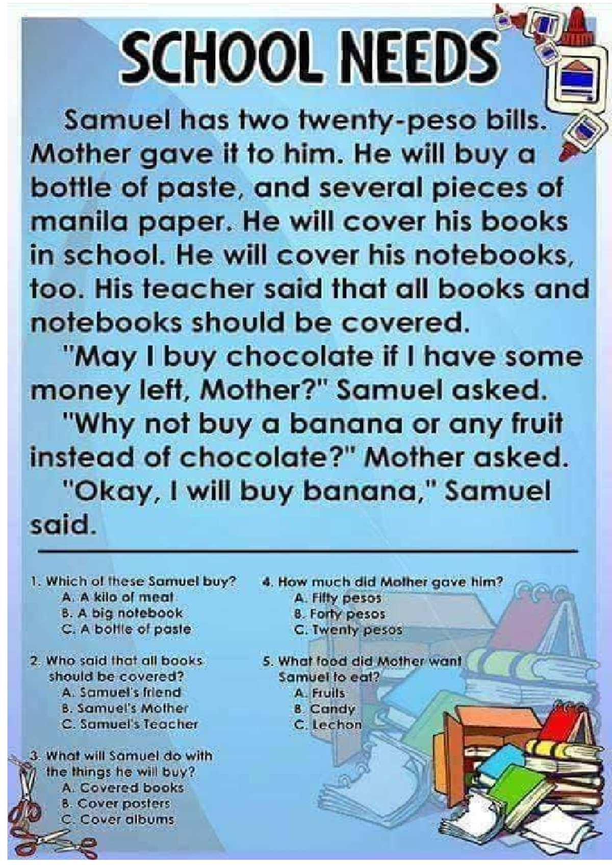 SCHOOL NEEDS: Reading Comprehension Exercises and Activities - Studocu
