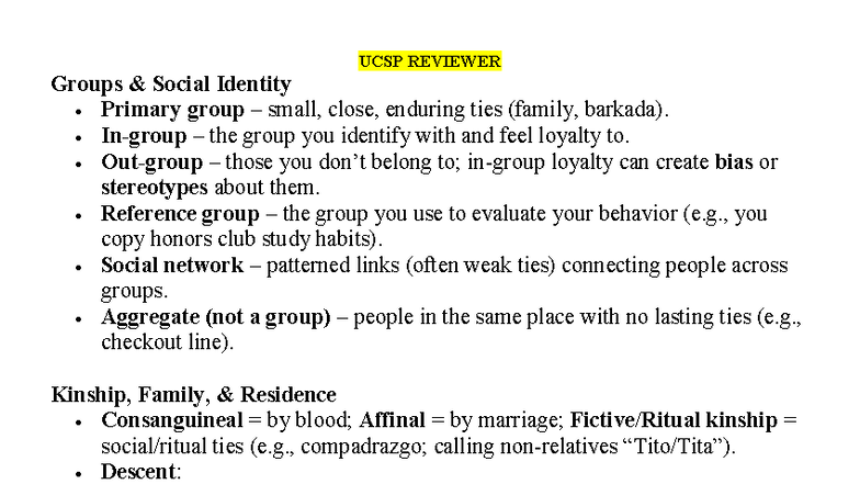 UCSP- Reviewer: Social Identity, Kinship, and Political Organization ...