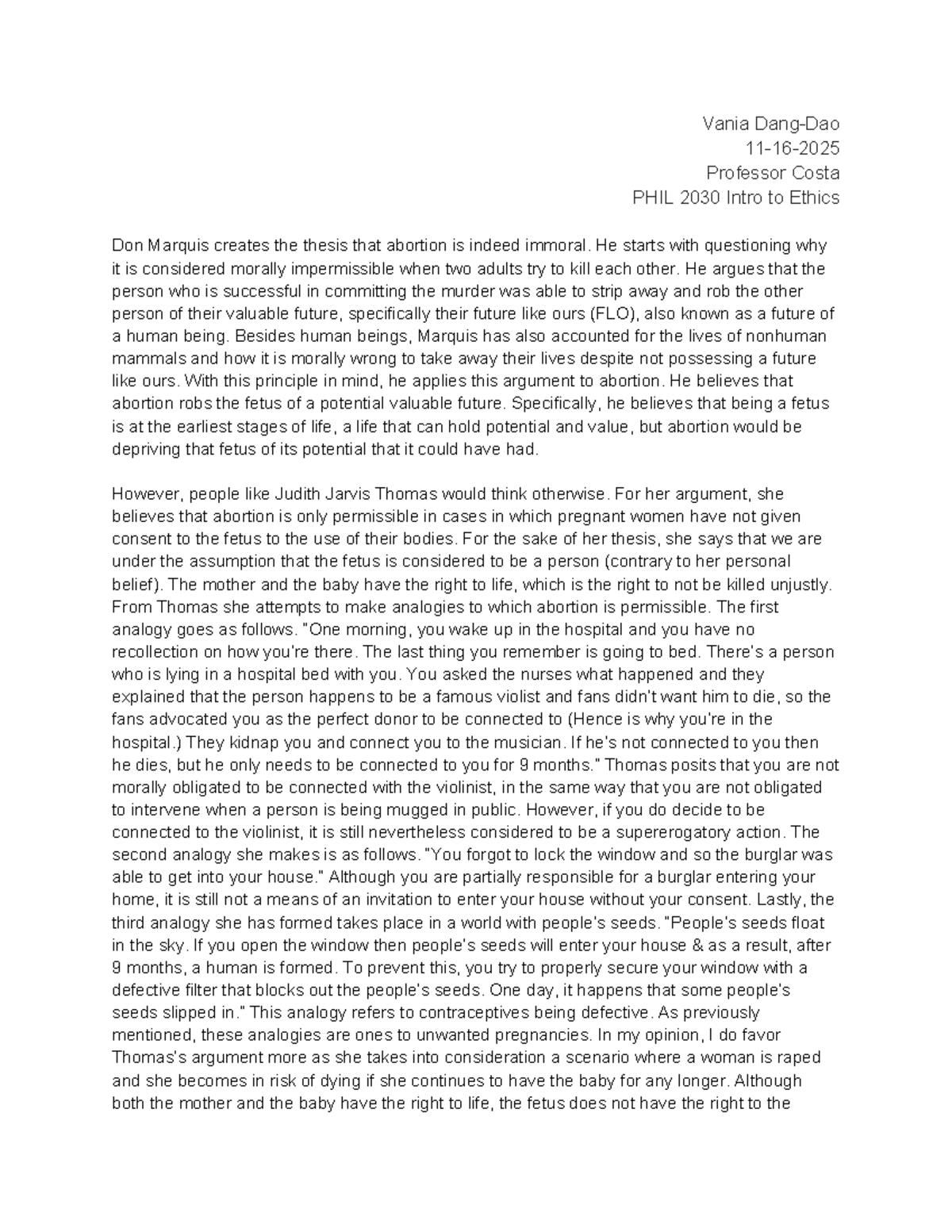 PHIL 2030 Writing Assignment #3: The Immorality of Abortion - Studocu