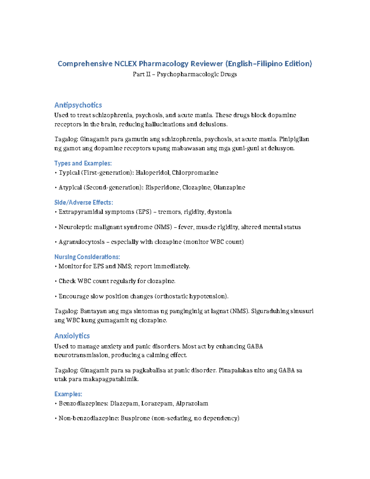 NCLEX Pharmacology Reviewer (Part II): Psychopharmacologic Drugs - Studocu