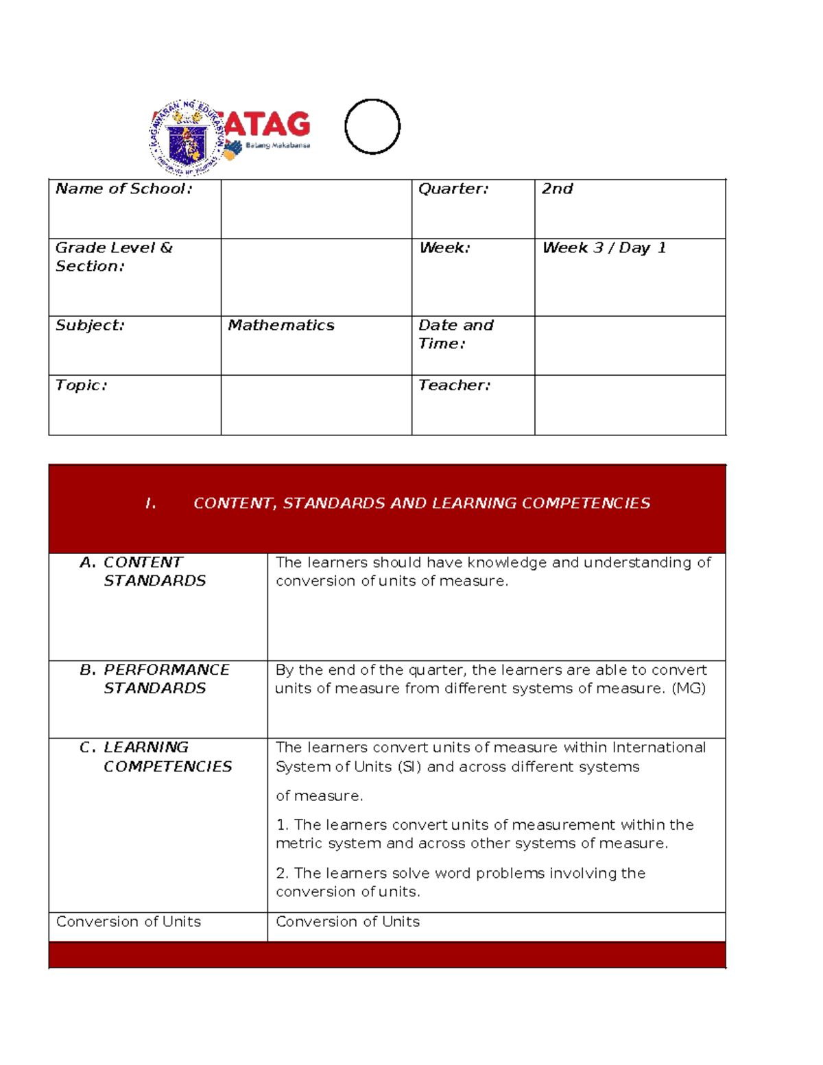 Math 7: Conversion of Units - 2nd Grade, Week 3, Day 1 - Studocu