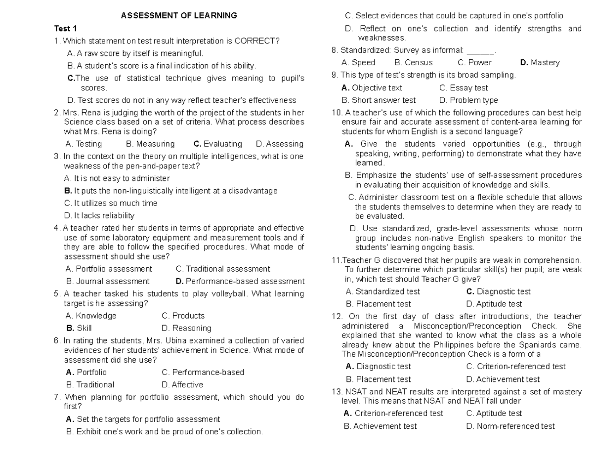4 Assessment of Learning: Test Items & Evaluation Strategies - Studocu