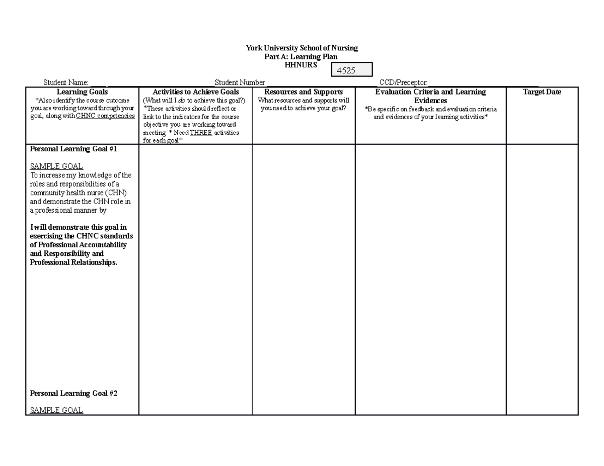Learning Plan Template for HHNURS Course at York University - Studocu