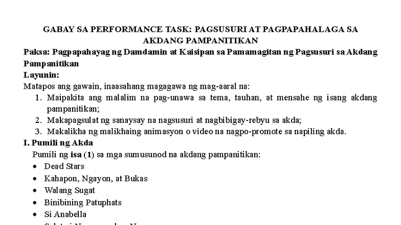 GABAY SA PERFORMANCE TASK: PAGSUSURI SA AKDANG PAMPANITIKAN - Studocu