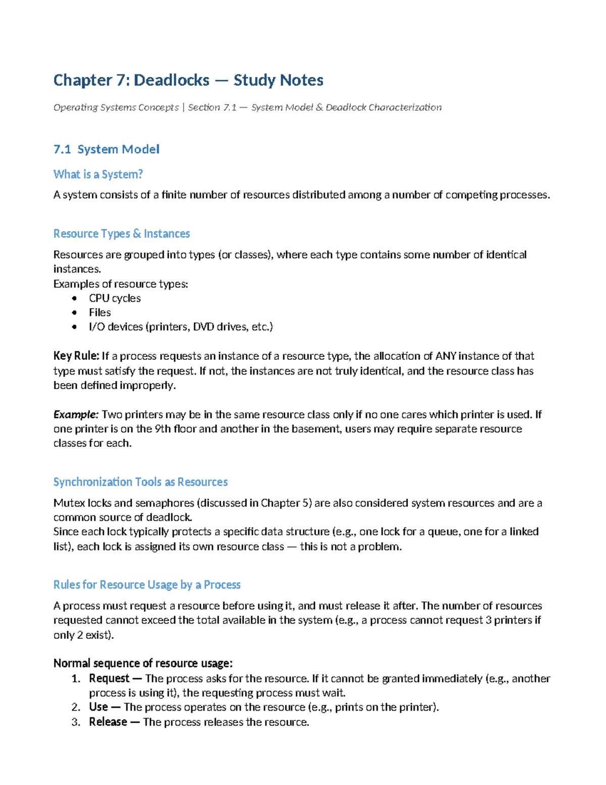 Chapter 7: Deadlocks Study Notes for Operating Systems Concepts - Studocu