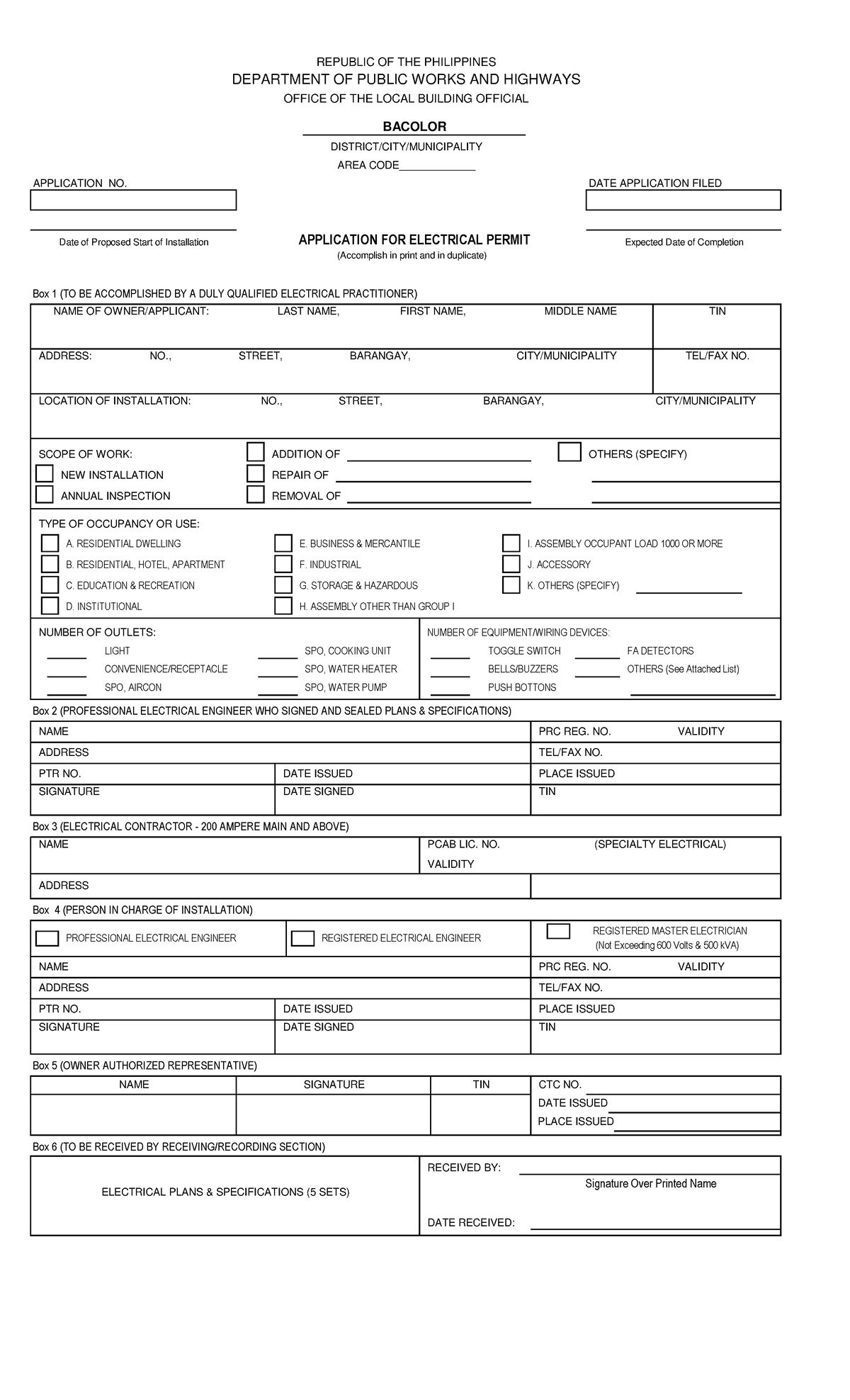 Application FOR Electrical Permit FORM - APPLICATION NO. DATE ...