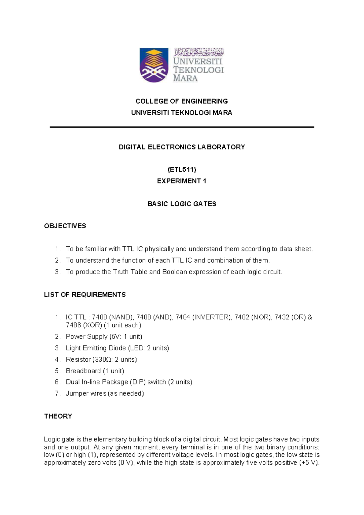 ETL511 Digital Electronics Lab: Experiment 1 on Basic Logic Gates - Studocu