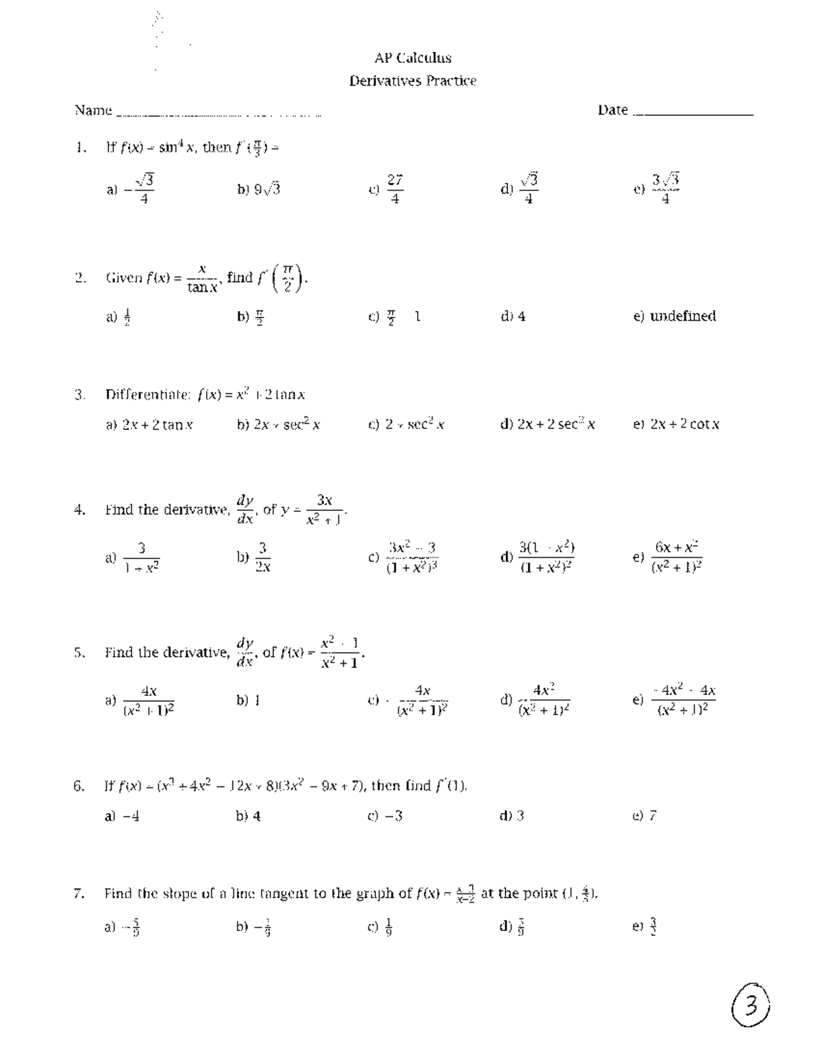 AP Calculus Practice: Derivatives Exercises and Solutions - Studocu