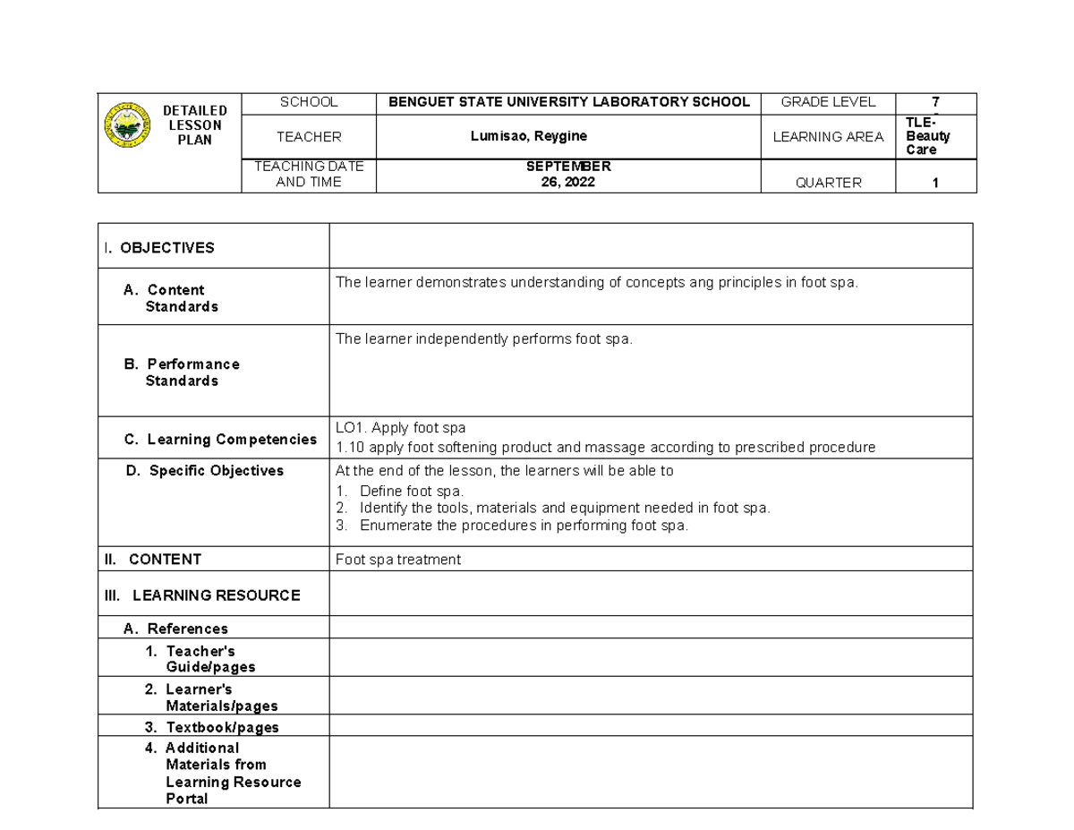Detailed Lesson Plan for Foot Spa (TLE 7) - September 2022 - Studocu