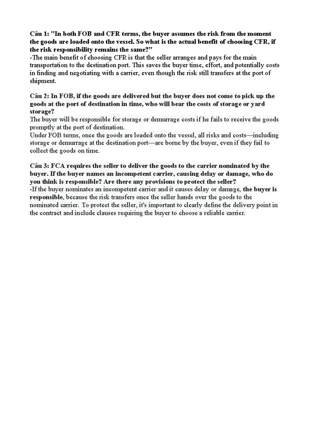 Q&A on Shipping Terms: FOB, CFR, and FCA Explained - Studocu