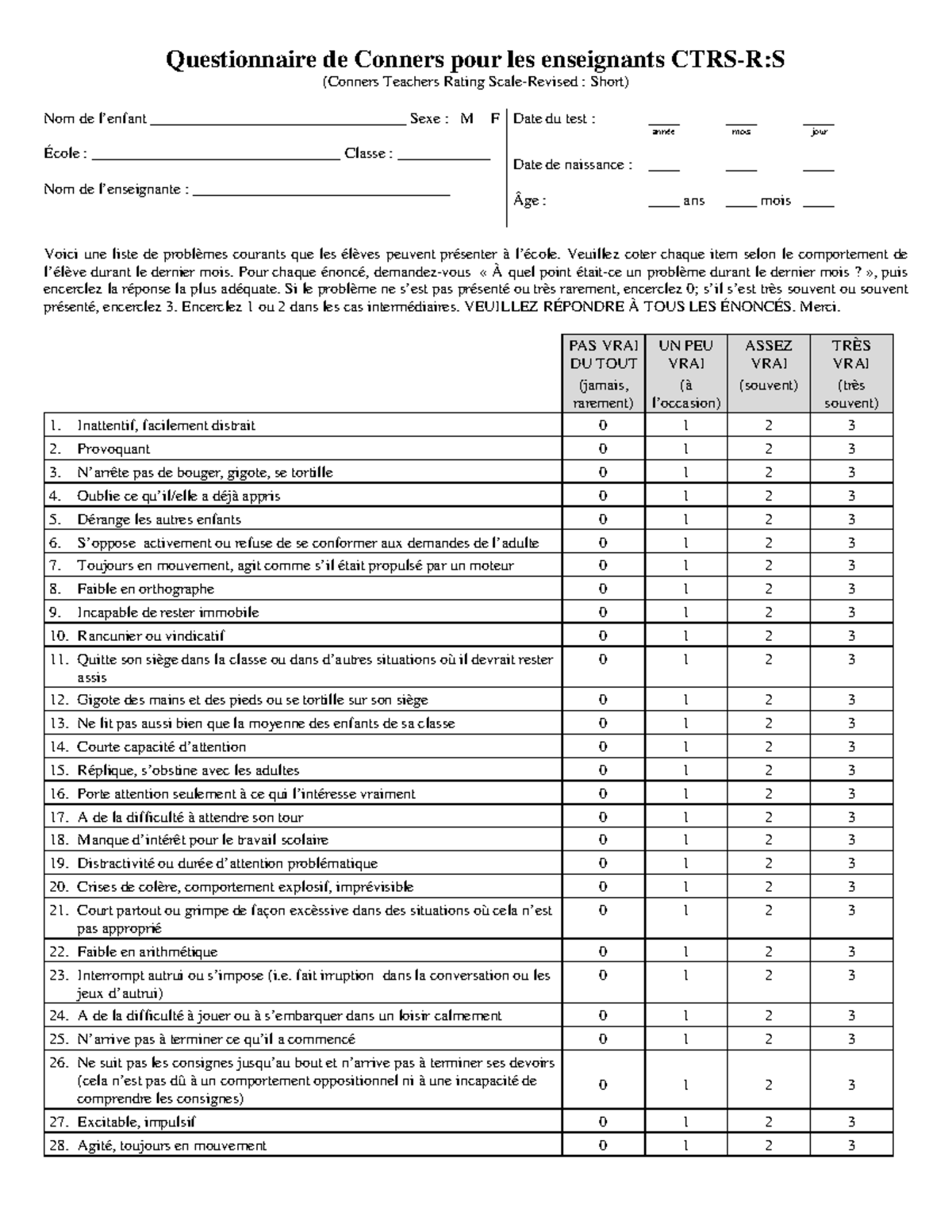 Questionnaire de Conners pour Enseignants CTRS-R:S - Version Courte ...