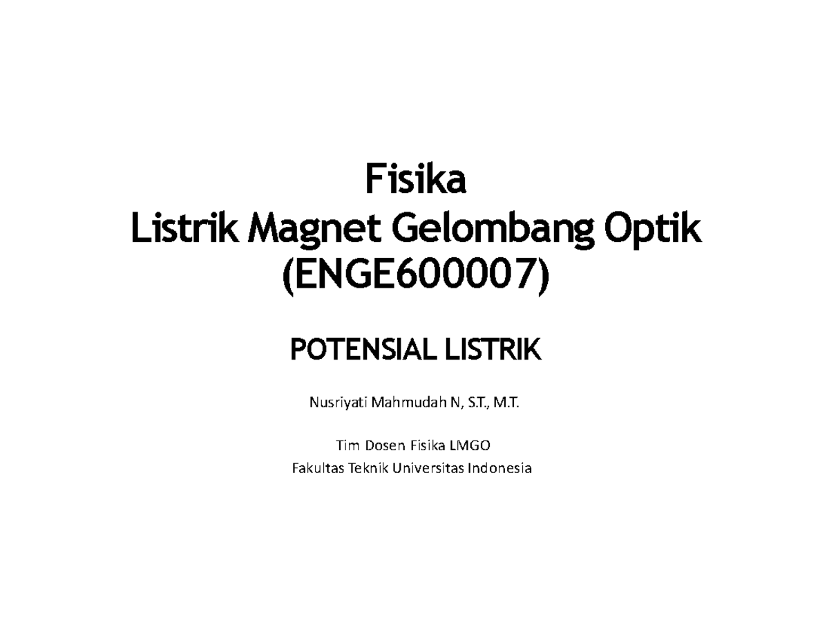 Fisika LMGO 5 - Energi dan Potensial Listrik dalam Medan Listrik - Studocu