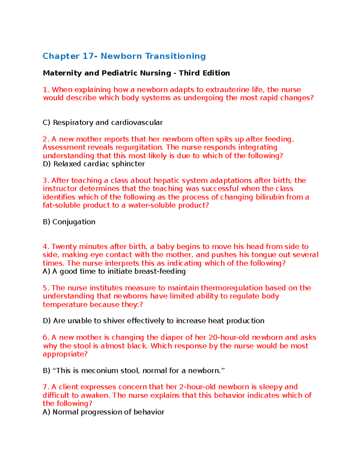 Chapter 17 - Newborn Transitioning Study Questions for OB - Studocu