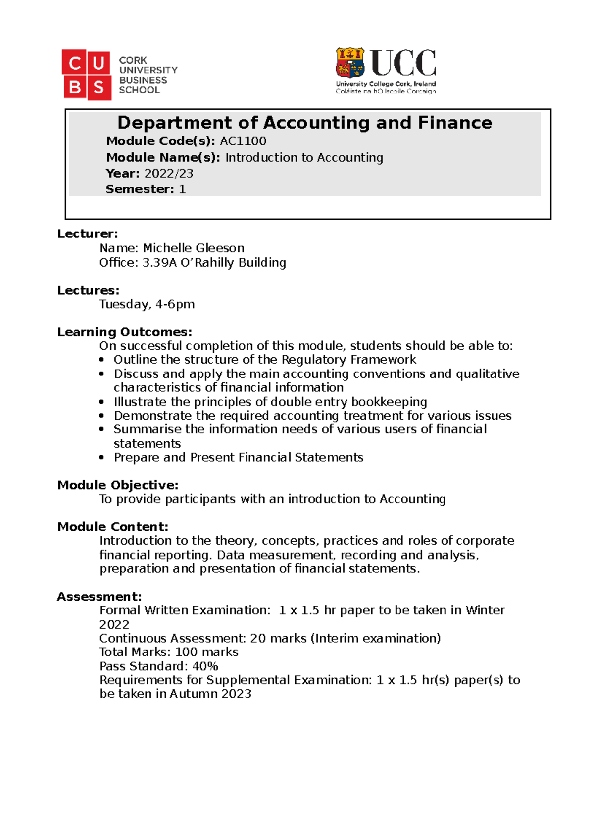 Introduction to Accounting Course Outline AC1100 22/23 - Studocu