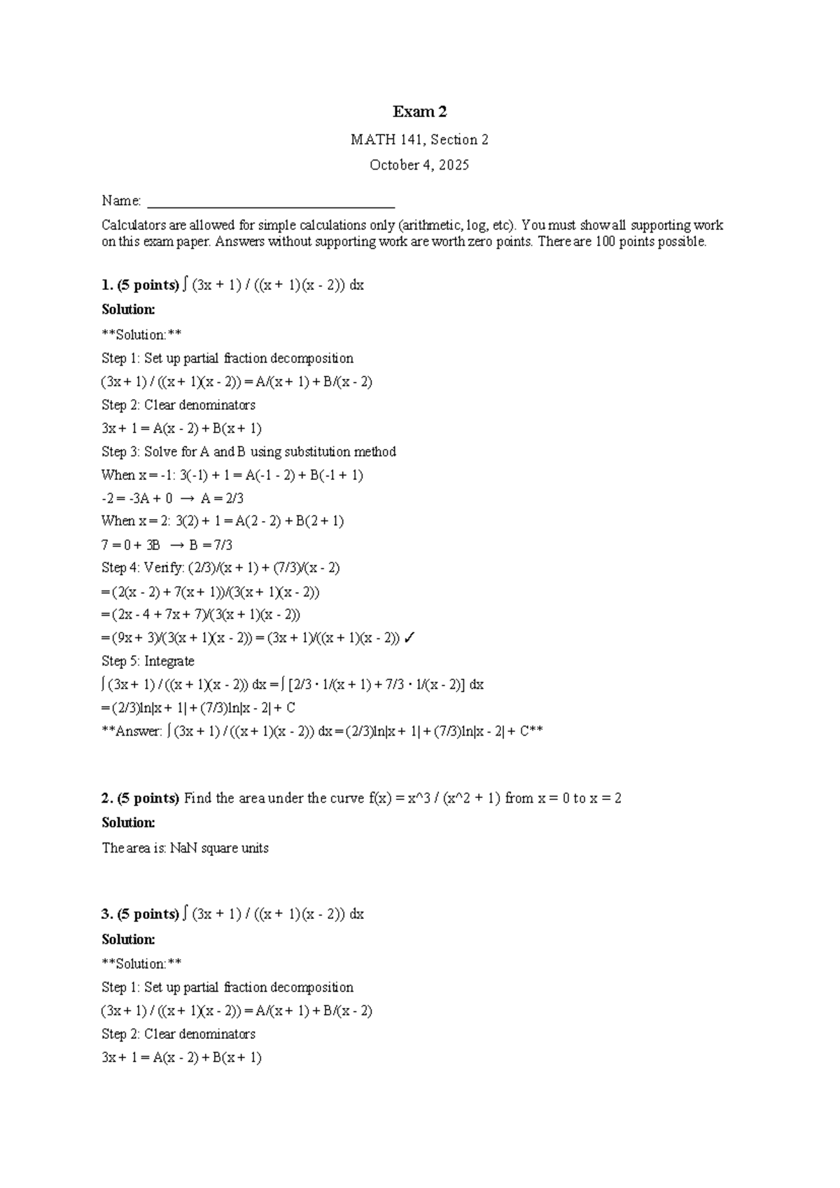 MATH 141 Exam 2 Solutions - Calculus Concepts and Techniques - Studocu