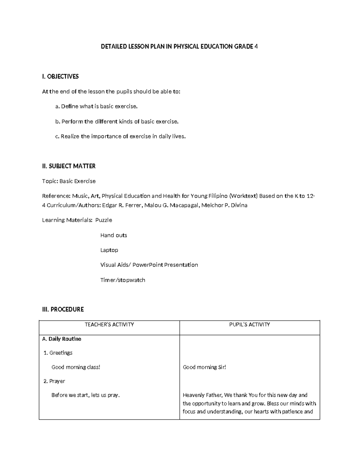 Detailed Lesson Plan: Basic Exercises in PE for Grade 4 (BEED) - Studocu