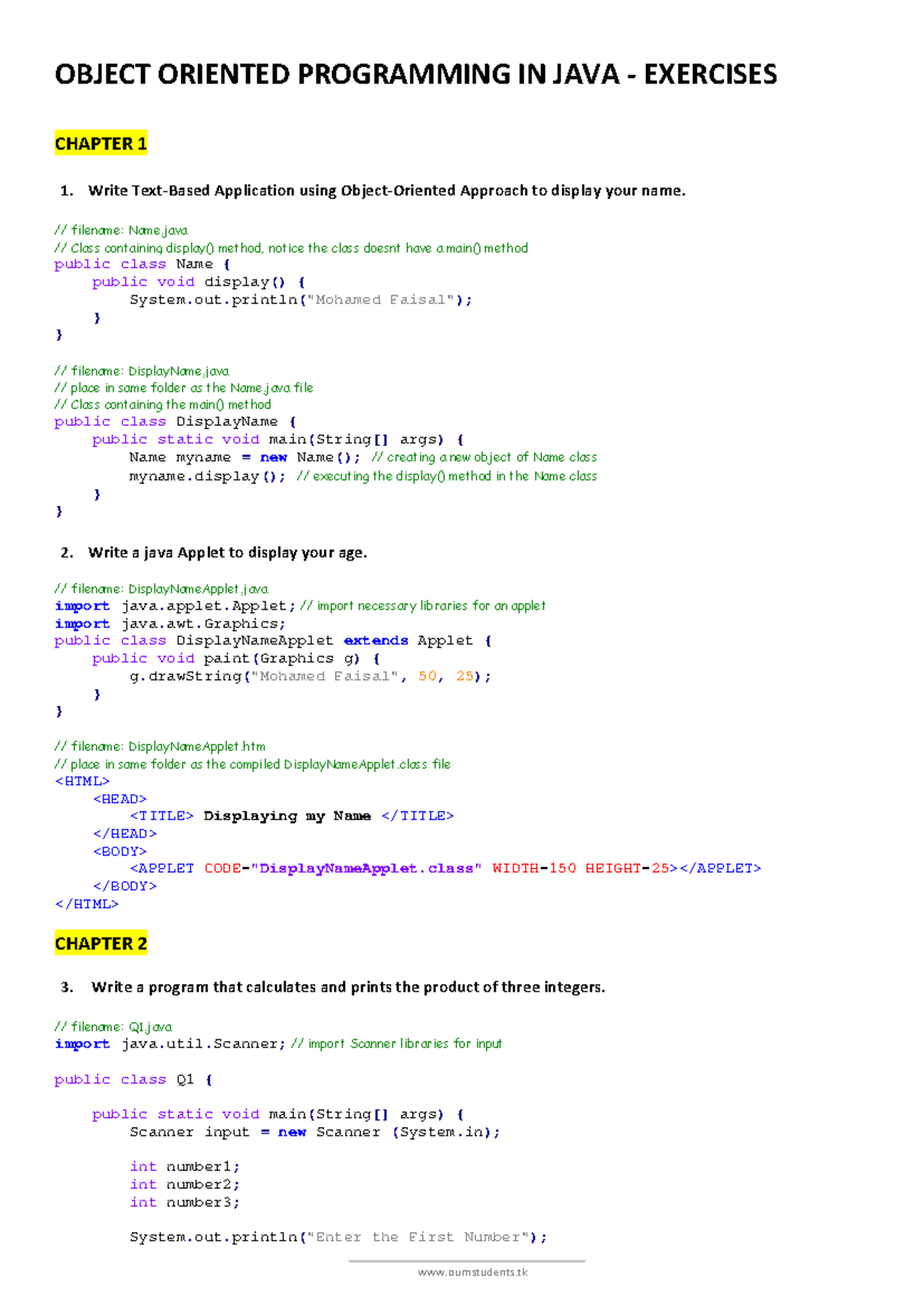 OOP JAVA CODES SUMMARY - CHAPTERS 1 TO 11 EXERCISES - Studocu