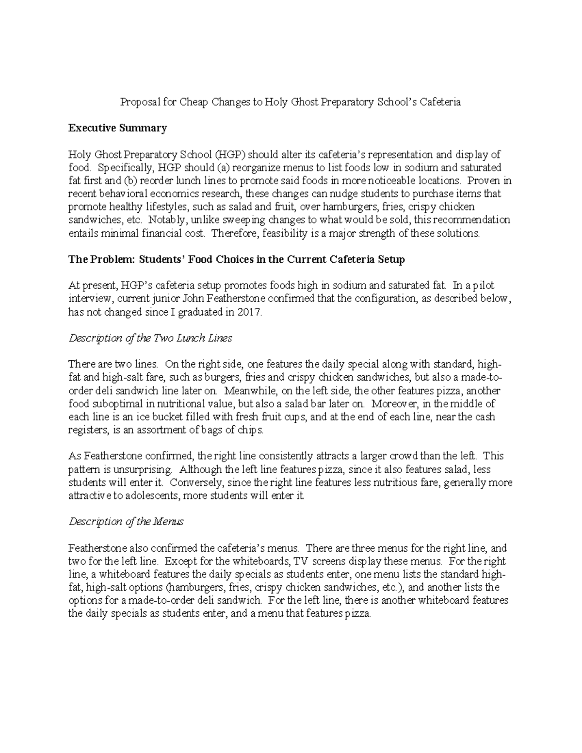 HGP Cafeteria Proposal: Enhancing Healthy Food Choices for Students ...