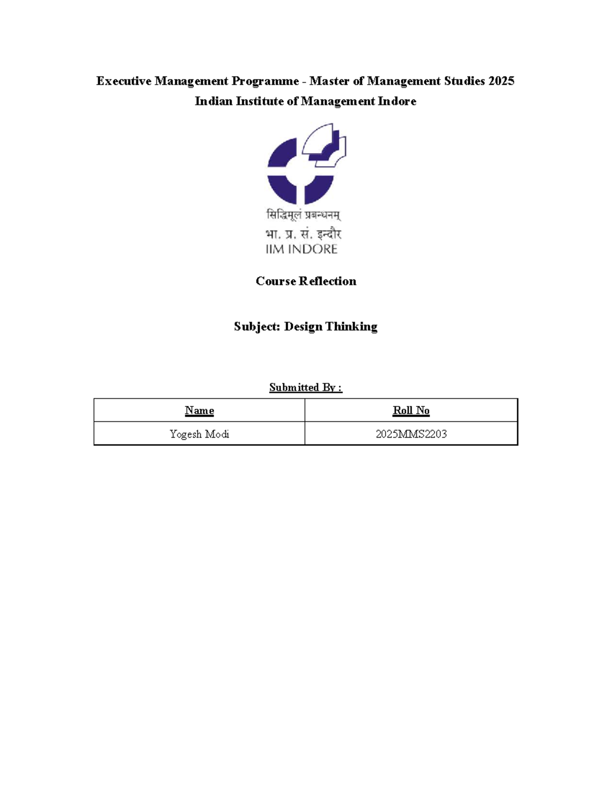 Reflection on Design Thinking - 2025 MMS Course by Yogesh Modi - Studocu