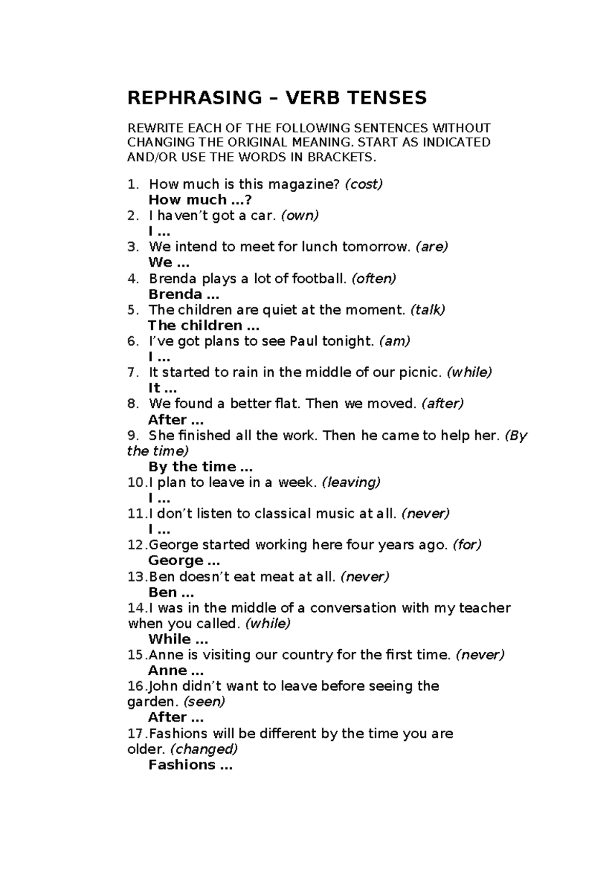 Rephrasing Verb Tenses Exercise (ENG 101) - Studocu