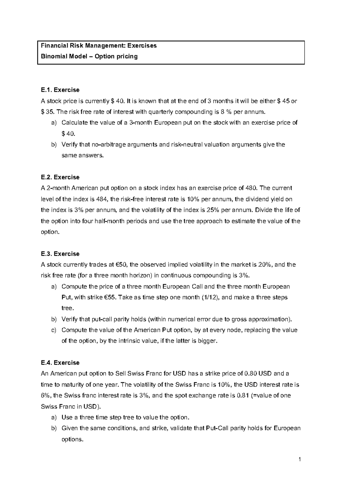 Financial Risk Management: Exercises on Binomial Model Options - Studocu