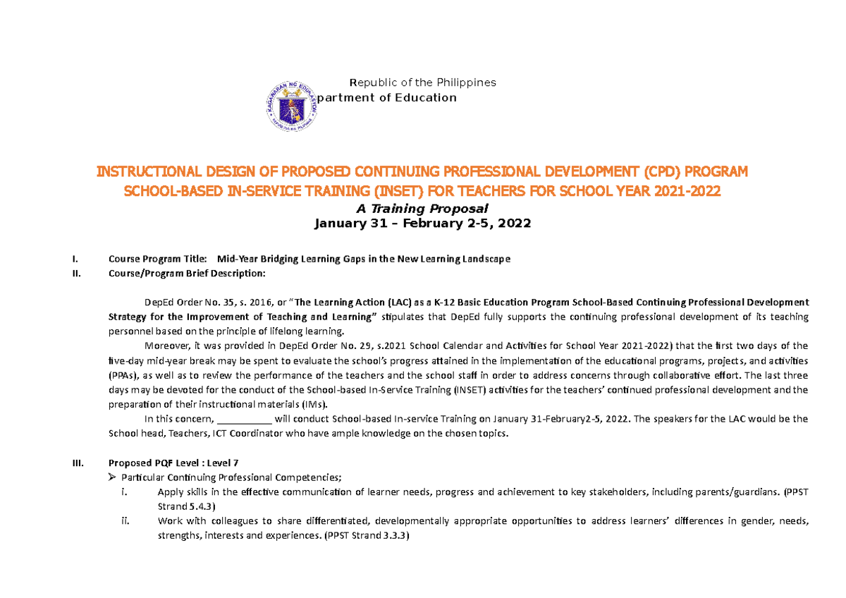 CPD INSET Proposal: Bridging Learning Gaps for SY 2021-2022 - Studocu