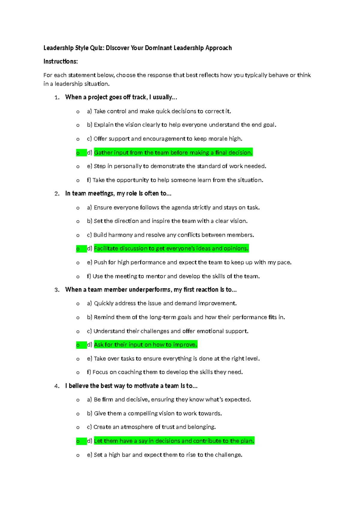 Leadership Style Quiz - Goleman: Identify Your Dominant Style - Studocu