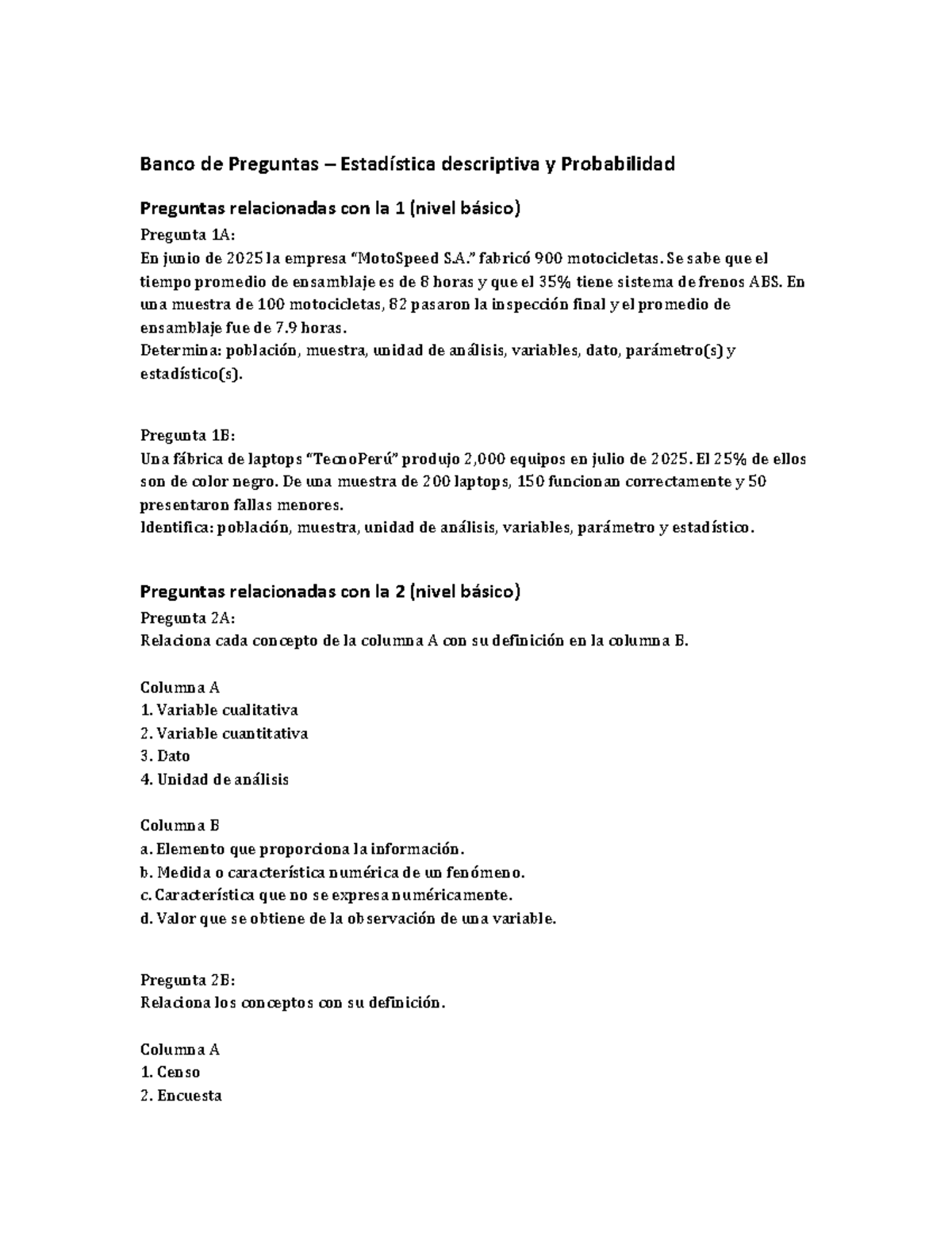 Banco de Preguntas: Estadística Descriptiva y Probabilidad (Nivel Básico) - Studocu