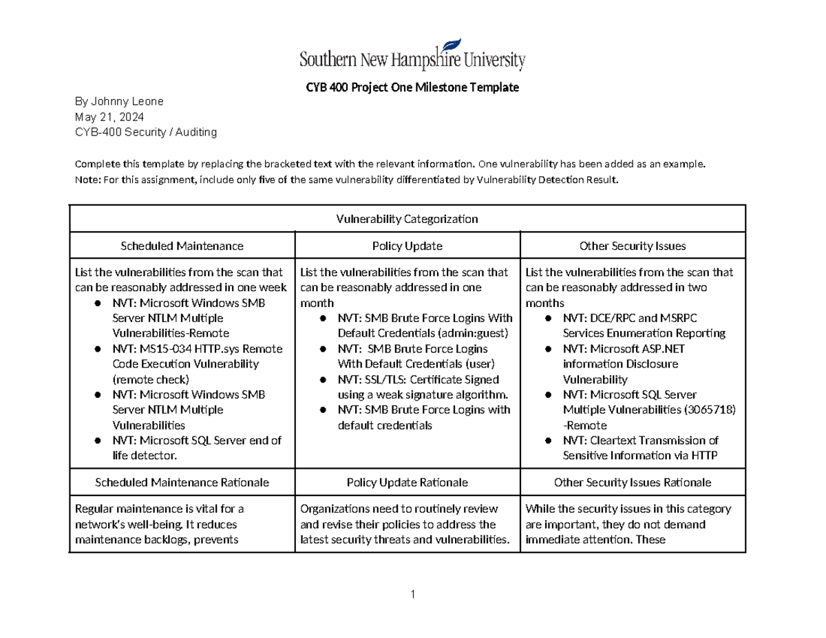CYB 400 Project One Milestone Template for Security Vulnerability ...