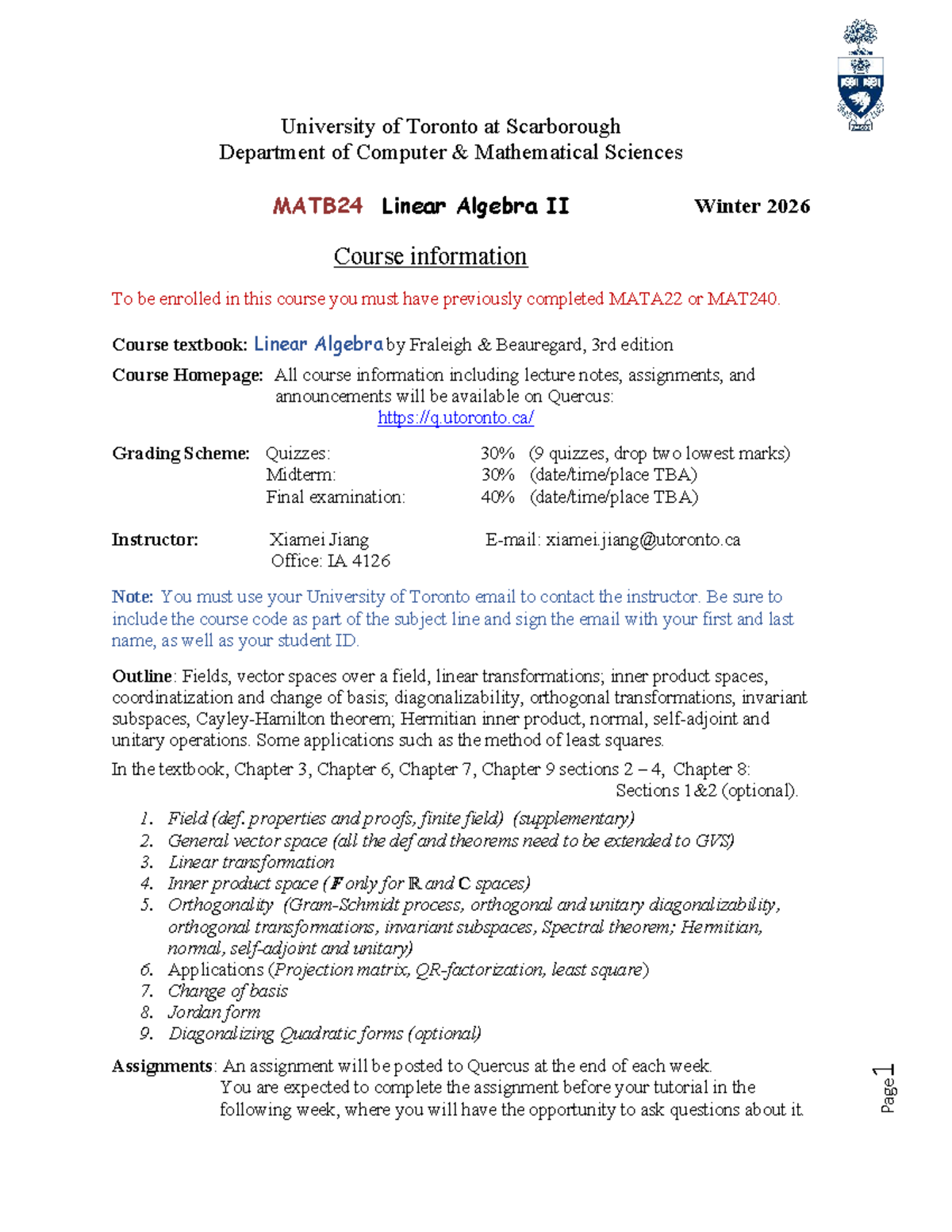 MATB24 W2026 Syllabus - Linear Algebra II Course Overview - Studocu