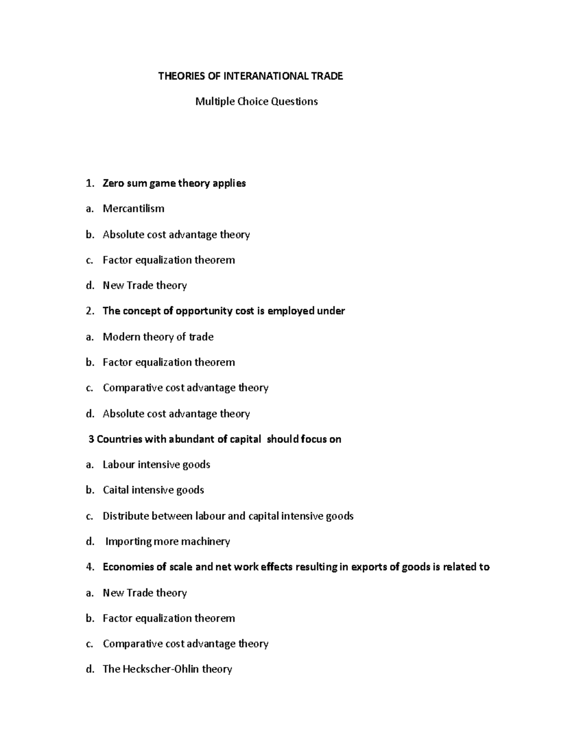 Chapter 4 intl trade theory questions and answers - THEORIES OF ...