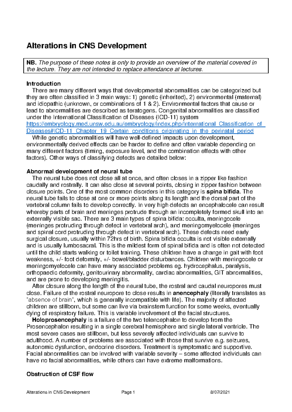 Alterations in CNS development - The purpose of these notes is only to ...