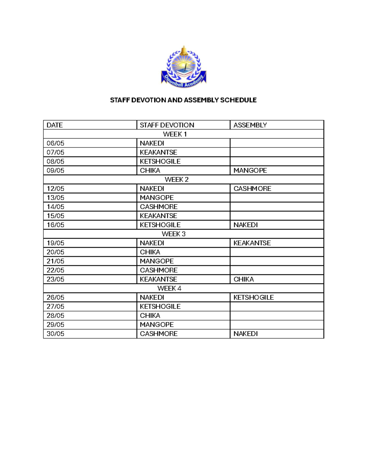 Devotion Schedule - About nursing - STAFF DEVOTION AND ASSEMBLY ...