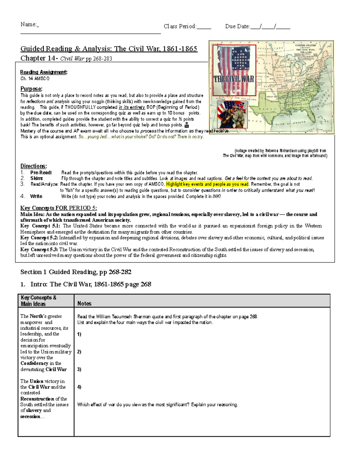Amsco Chapter 14 Guided Reading: The Civil War (Unit 10) Analysis - Studocu