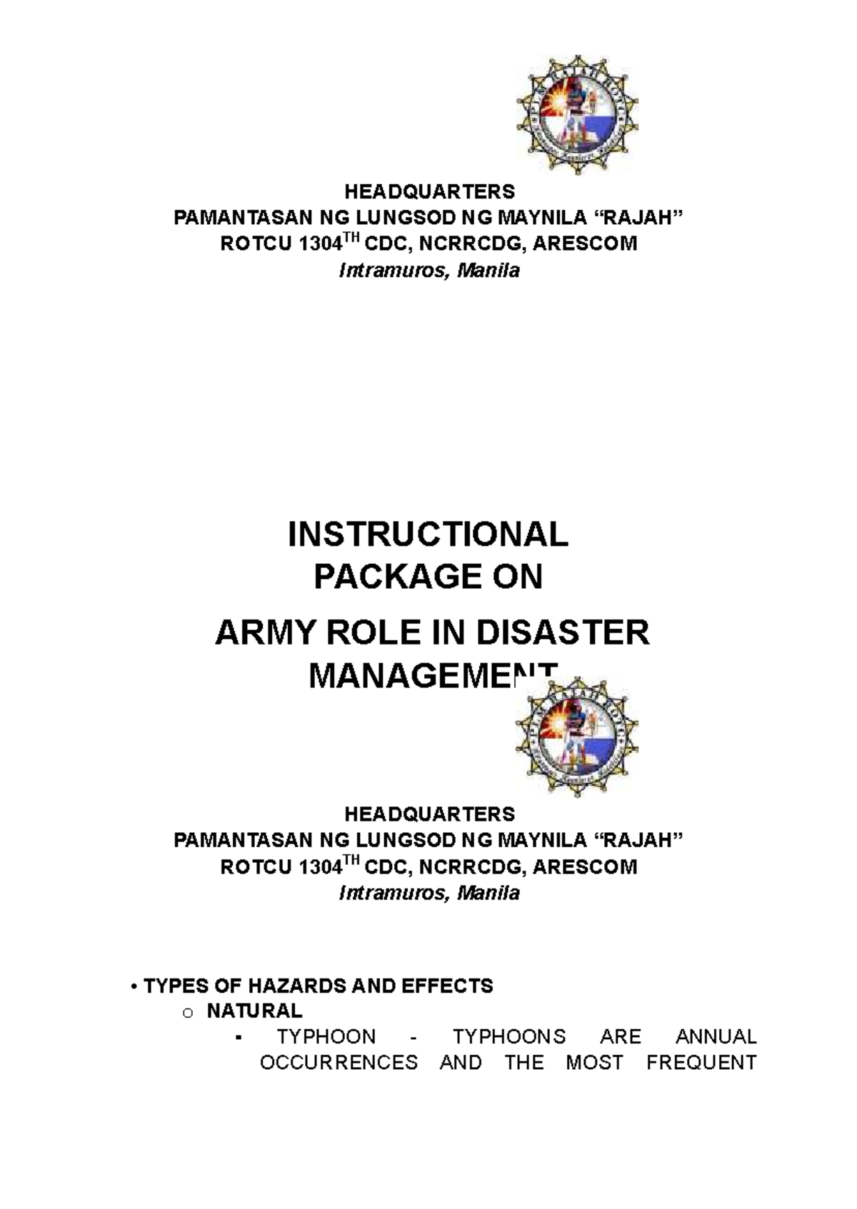 ARMY ROLE IN Disaster Management - HEADQUARTERS PAMANTASAN NG LUNGSOD ...