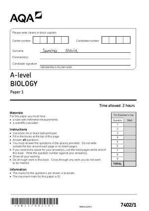 A level biology Paper 2 ao2 topic questions - 1 Which of the following ...