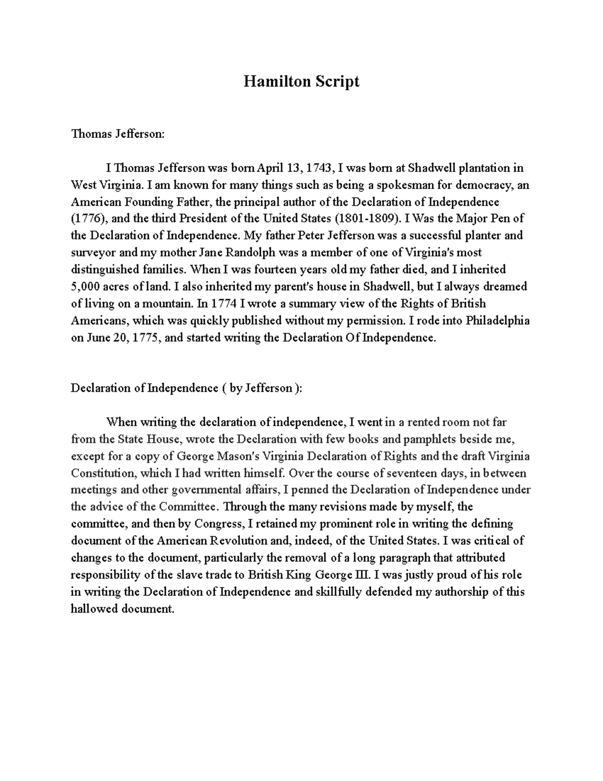 Hamiton script - Hamilton Script Thomas Jefferson: I Thomas Jefferson ...
