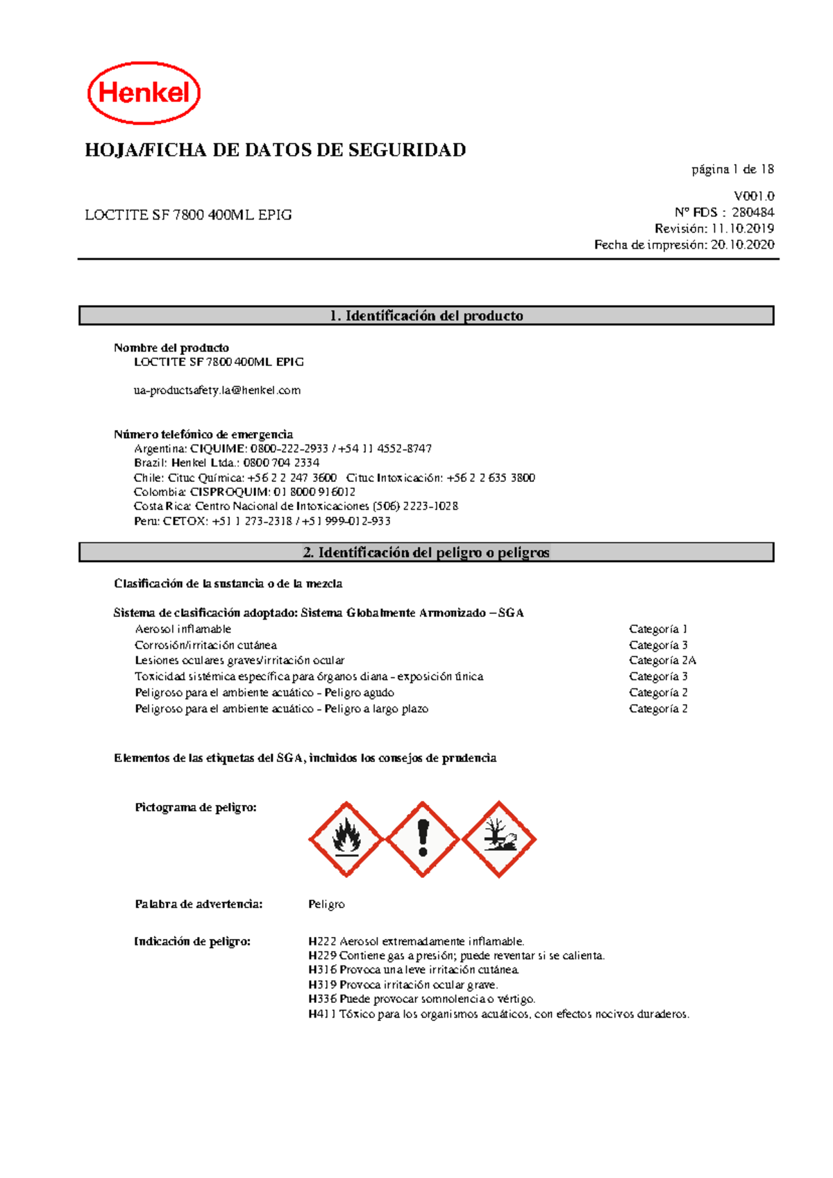 Hoja de Seguridad MSDS para Loctite SF 7800 400ml - Revisión 11 - Studocu