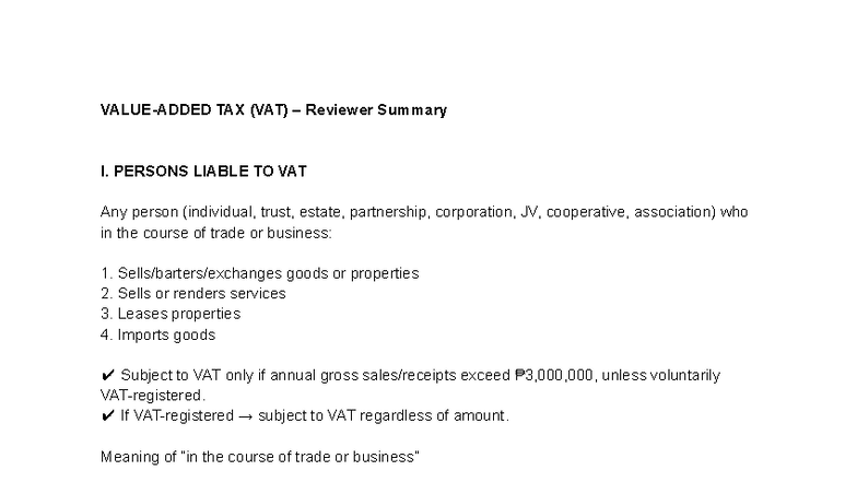 TAX (VAT) Comprehensive Reviewer Summary for Students - Studocu