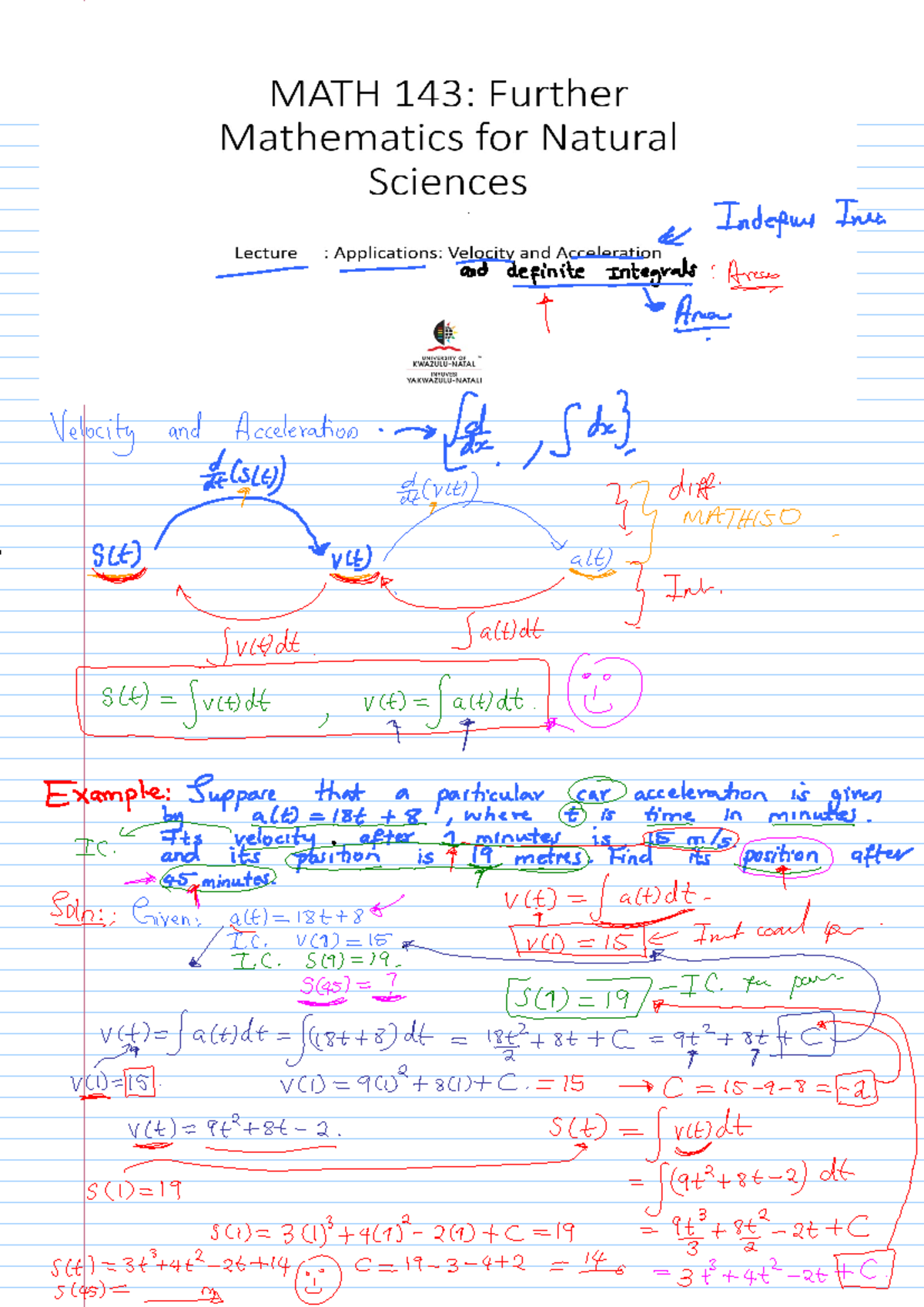 MATH 143: Velocity, Acceleration, and Definite Integrals Part 2 - Studocu