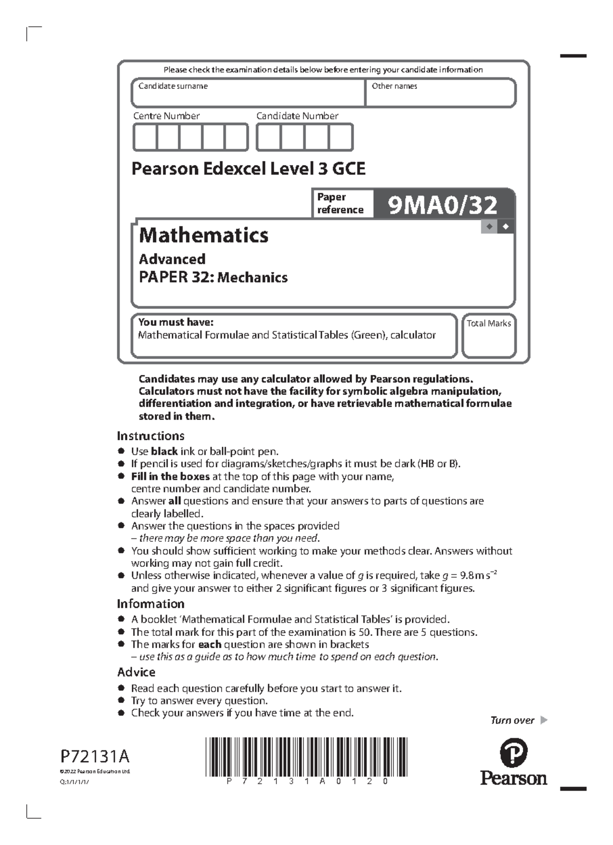 2022 A level Edexcel Maths Paper 3 Mechanics QP - Centre Number ...