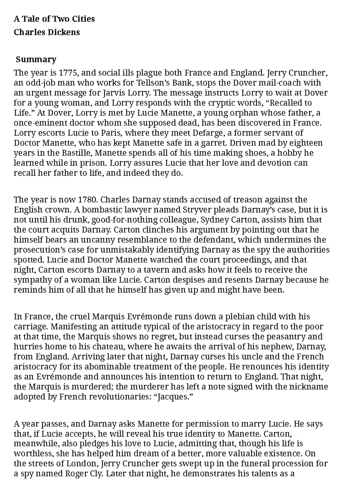 A Tale of Two Cities (ENG 101) Summary and Analysis - Studocu