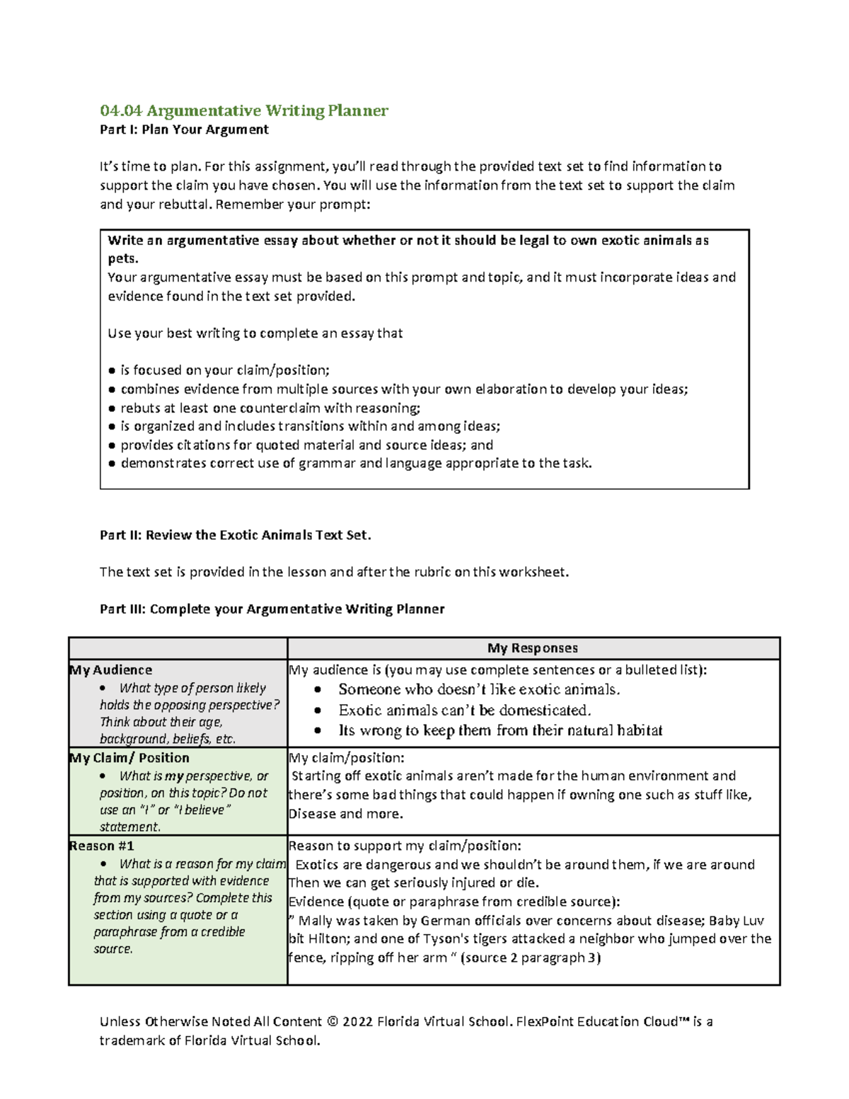 04.04 Argumentative Writing Planner: Should Exotic Animals Be Pets ...