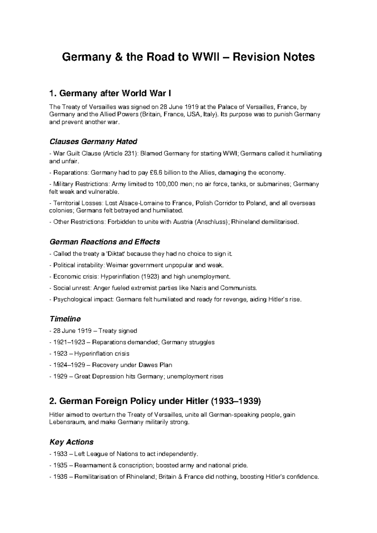 Germany: Road to WWII Revision Notes - Studocu